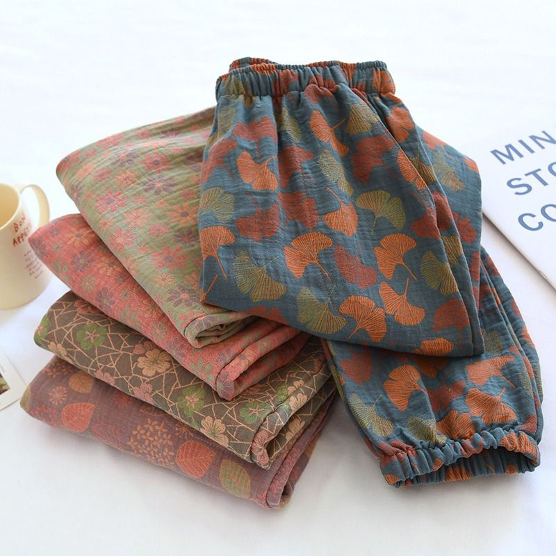 Брюки Женский SYJWY разноцветный для дома Хлопок, размер 46 Шнуровка свободный На любой сезон ...