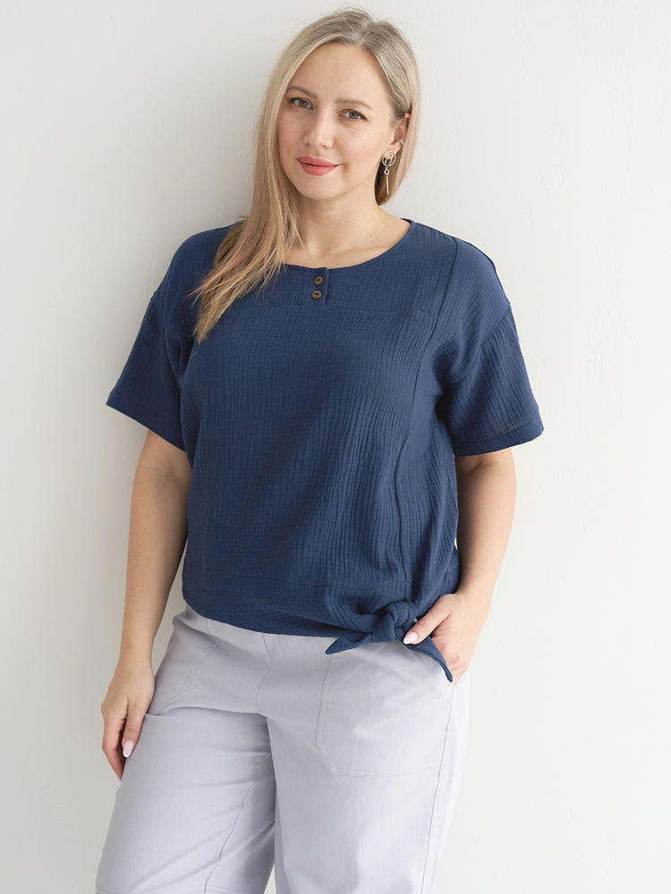 Блузка Женский Adeleda Fashion темно-синий Текстиль Короткий Однотонный, размер 46 свободный Без ...