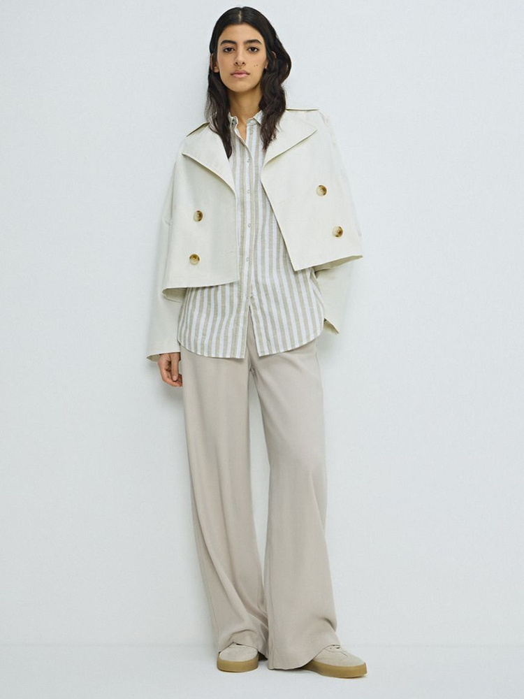 Плащ Женский O'STIN бежевый Длинный Карманы, размер 44 Текстиль Китай Пуговицы свободный На ...