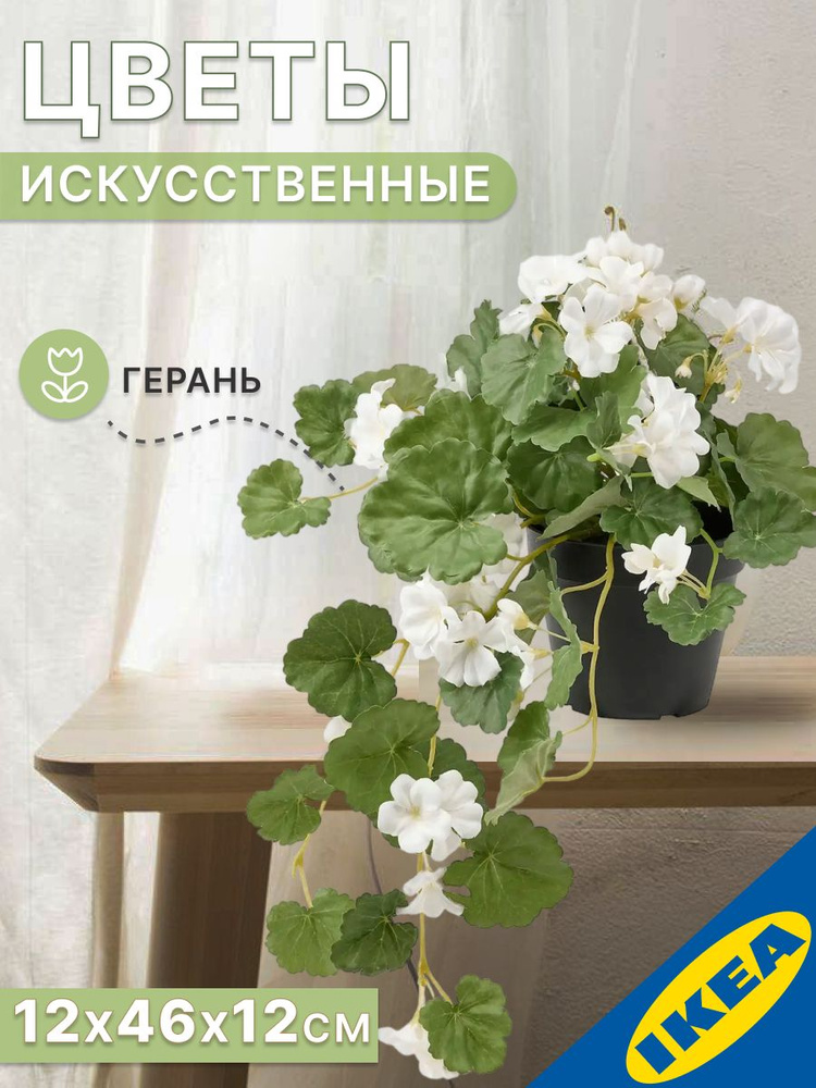 Искусственное растение в горшке Герань, 12 см горшок подвесной, 46 см, белый/зеленый IKEA FEJKA ...