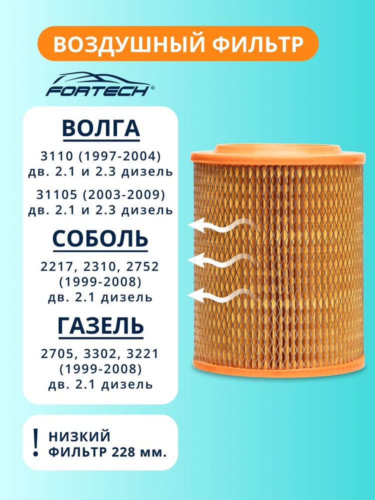 Фильтр воздушный НИЗКИЙ ГАЗЕЛЬ 2705 3302 3221 СОБОЛЬ 2217 2310 2752 FORTECH FA-024 купить на ...