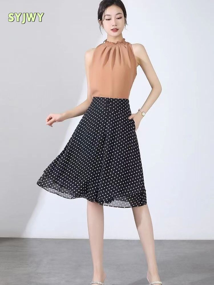 Юбка-шорты Женский SYJWY черный, белый Полиэфир, размер 42 Без застежки Горох Лето облегающий ...