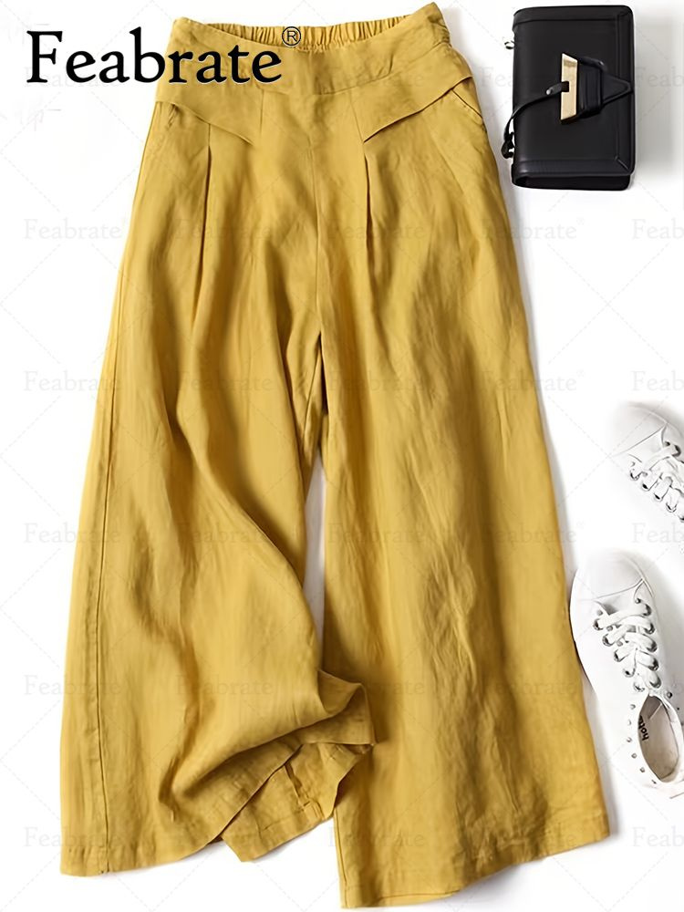 Бриджи Женский Feabrate желтый Лен, Хлопок Повседневный, размер 50 Эластичная Лето Китай ...
