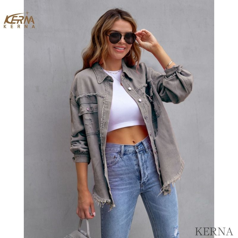 Куртка джинсовая Женский KERNA Карманы светло-серый пиджачный Джинс, размер 58, 60 Длинный ...
