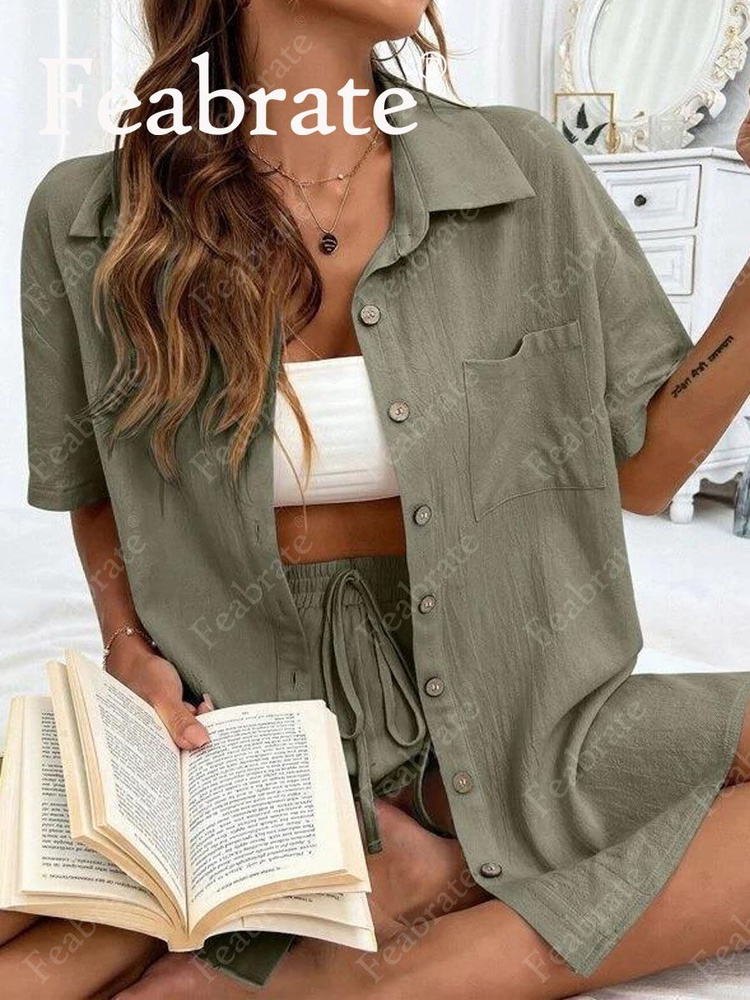 Комплект одежды Женский Feabrate Повседневный с шортами милитари, размер 50 Однотонный Китай ...