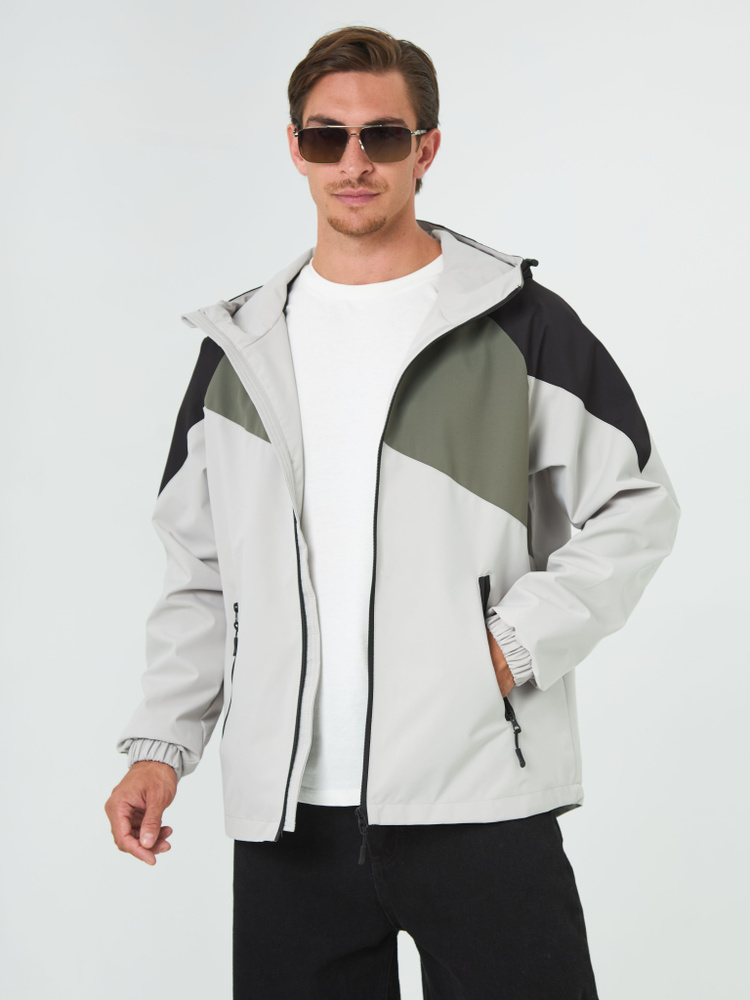 Ветровка Мужской KINGSO MENS бело-серый, серо-зеленый капюшон Полиэстер, размер 50 Длинный ...