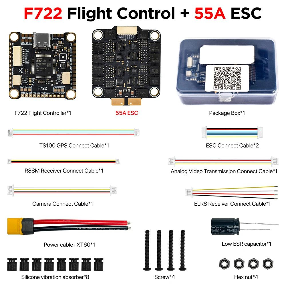 9IMOD F722 Flight Stack - полетный контроллер с ESC 55A/60A (3-6S LiPo, гироскоп ICM42688) для ...