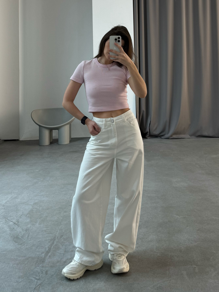 Джинсы Женский MYCODE белый багги, широкие Хлопок, Эластан, размер 44 оверсайз Молния, Пуговицы ...