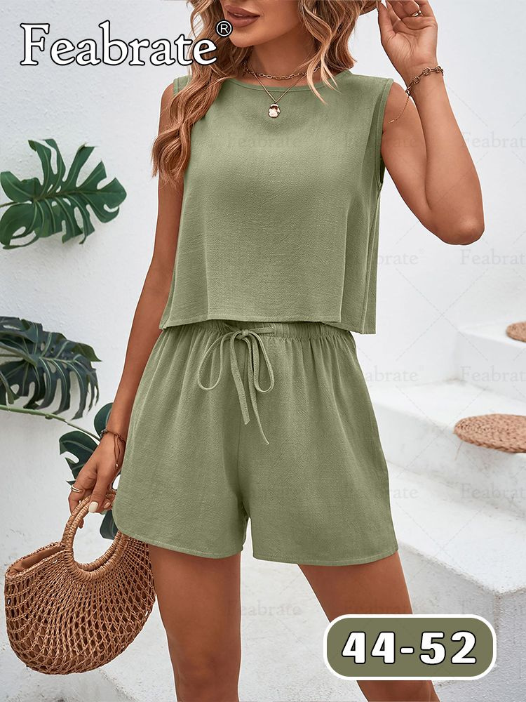 Комплект одежды Женский Feabrate Повседневный зеленый, размер 44 Искусственный лён Однотонный ...