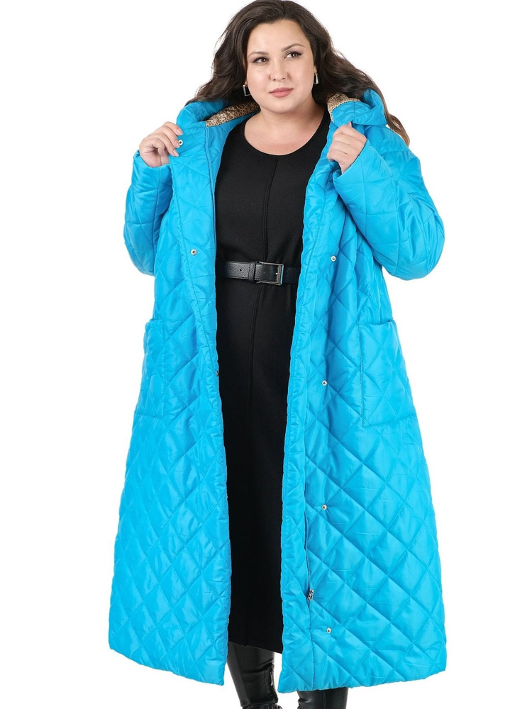 Пальто Женский Natura XL Декоративная отстрочка бирюзовый, голубой капюшон Полиэстер Длинный ...