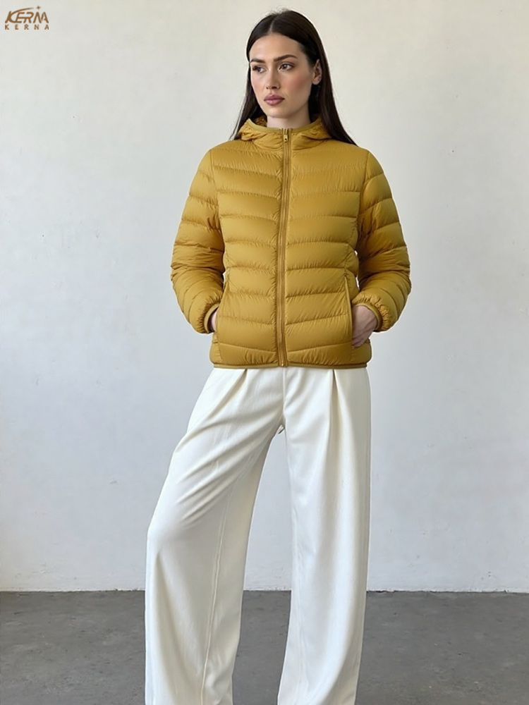 Куртка Женский KERNA Капюшон, Карманы желтый капюшон Бархат, Нейлон, размер 46 Средний куртка ...