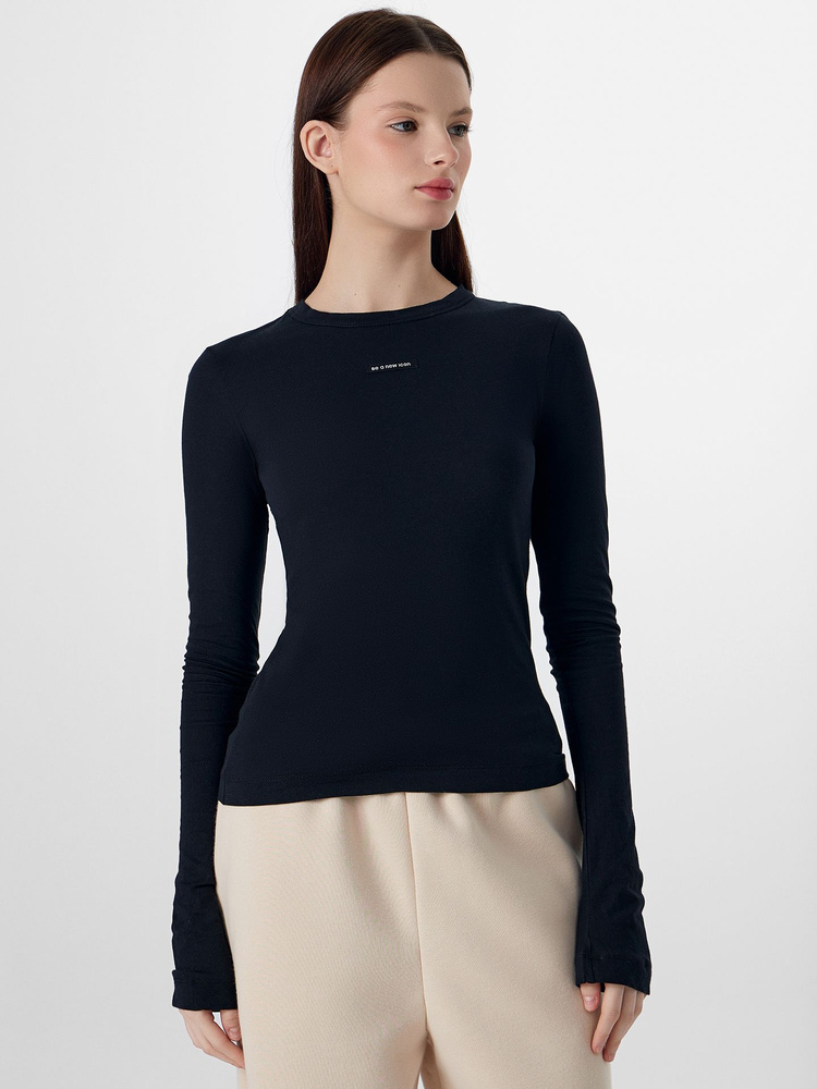 Лонгслив Женский Mark Formelle черный Длинный, размер 52 Хлопок Нашивки облегающий Однотонный ...