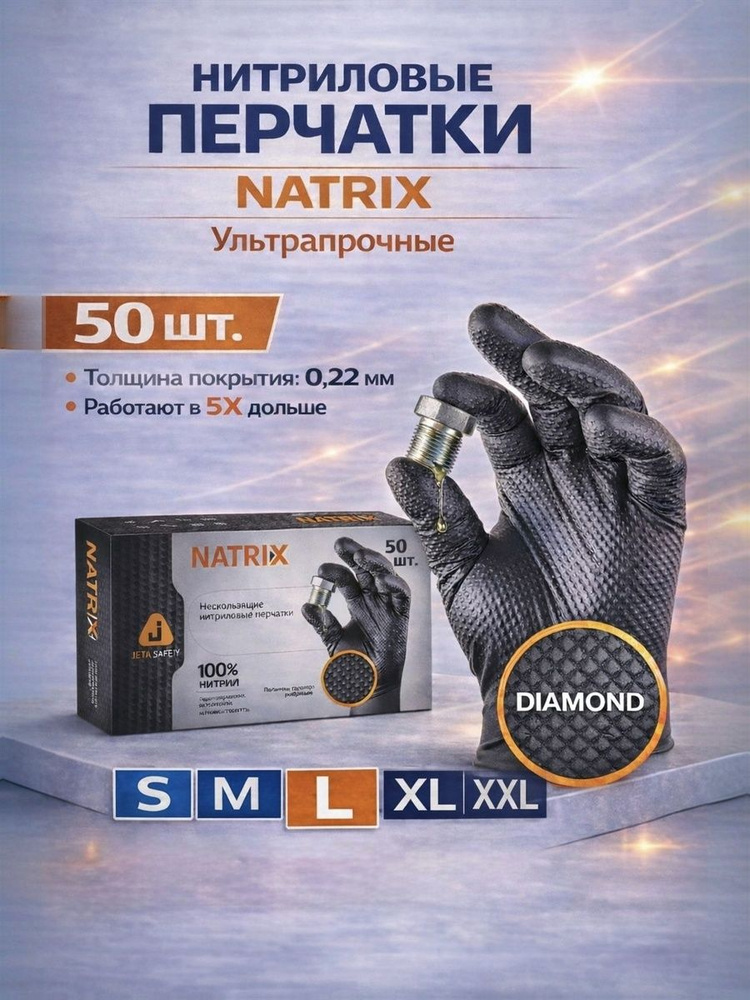 Перчатки нитриловые JETA PRO ультрапрочные нескользящие черные NATRIX 9 ...