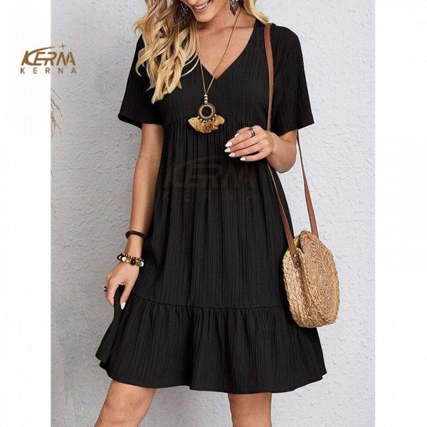 Платье Женский KERNA черный Пляжный Короткий Лавсан Рюши, размер 42 пляжное Без застежки Миди ...