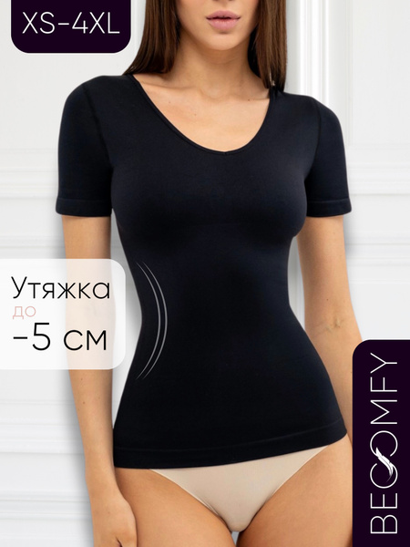 Футболка Женский BECOMFY черный Короткий, размер 48 Нейлон, Спандекс Однотонный облегающий ...