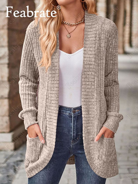 Кардиган Женский Feabrate хаки Полиэстер, размер 58 Без застежки свободный Длинный Однотонный ...