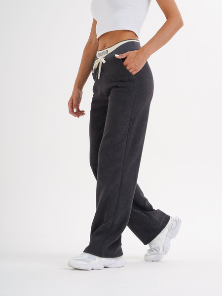 Брюки утепленные Женский XF.BUSF широкие темно-серый Вельвет Повседневный, размер 48, 50 Резинка ...