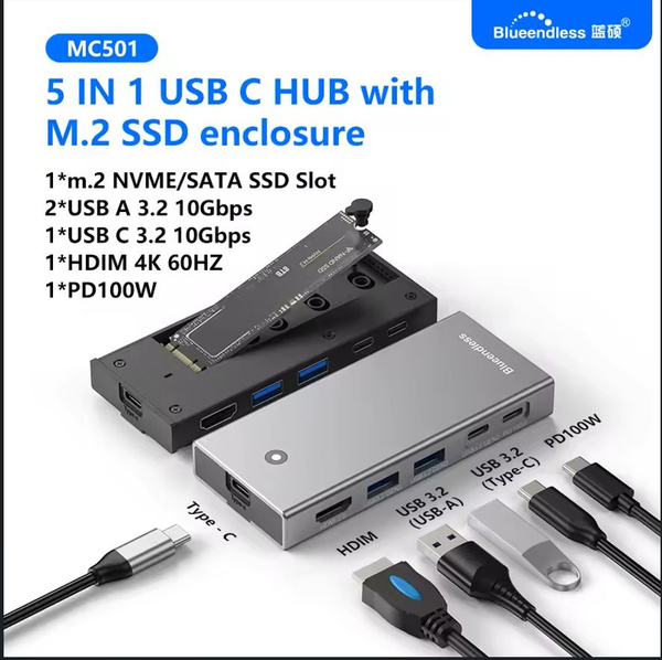 USB-C Hub с корпусом SSD M.2 NVMe/SATA 4K 60Hz HDMI USB3.2 10Gbps ...