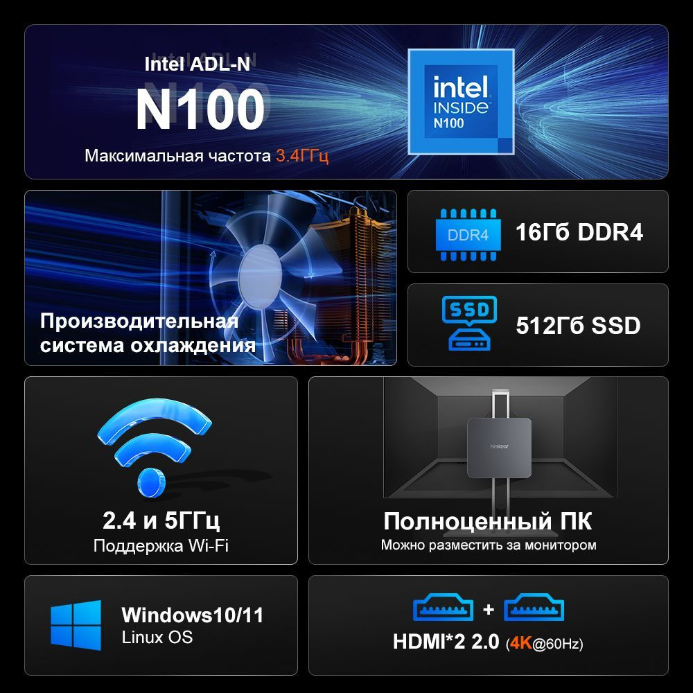 Ninkear Мини-ПК N10 (Intel Alder Lake N100, RAM 16 ГБ, SSD 512 ГБ ...