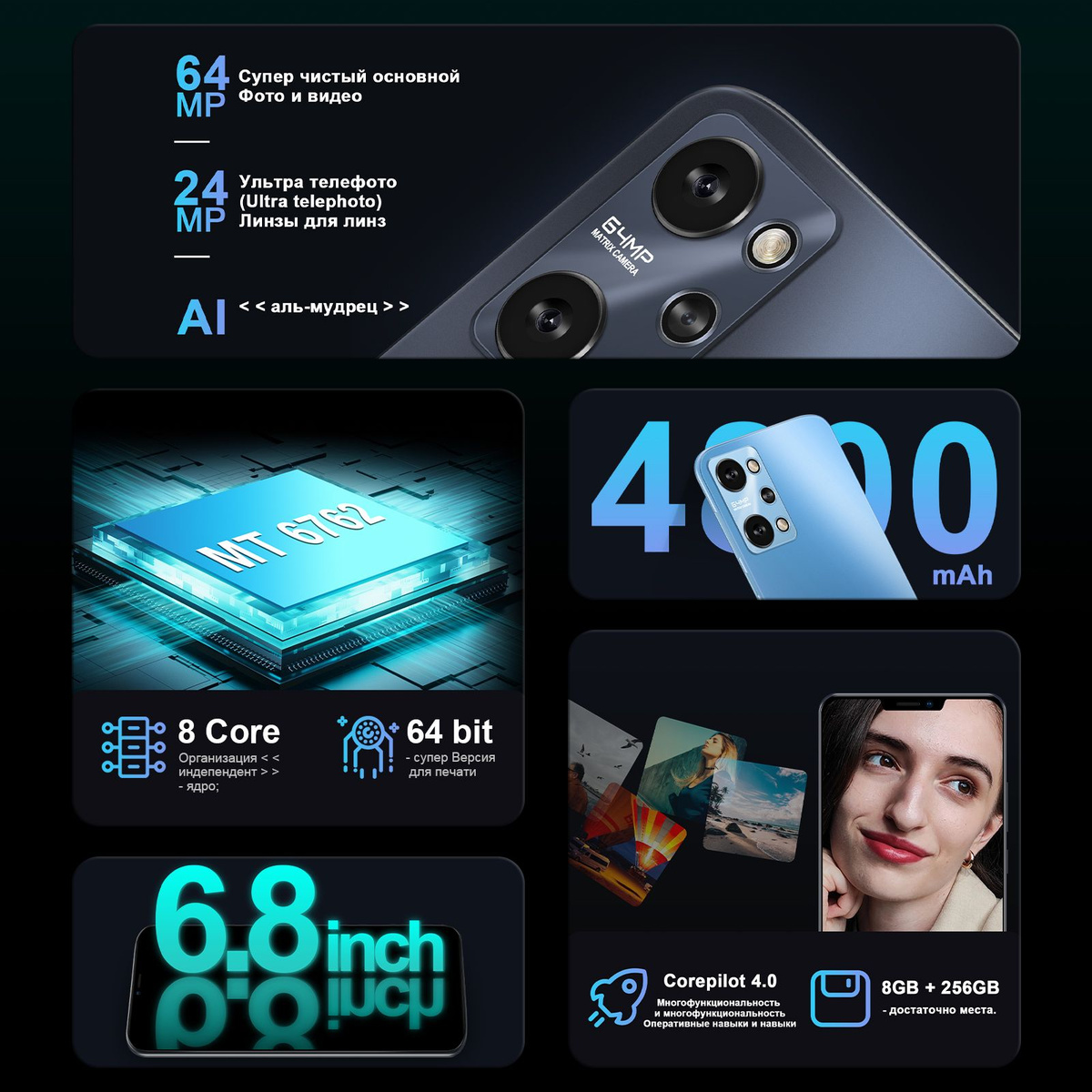 Смартфон 6（6） 256 ГБ 8 ГБ Черный, Фиолетовый 6.8 reaime Note 70x купить ...