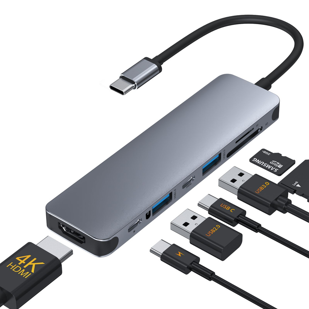 Переходник USB HUB 7в1. USB разветвитель, type c hdmi 4K 60 Гц, док станция type c, usb хаб для ...