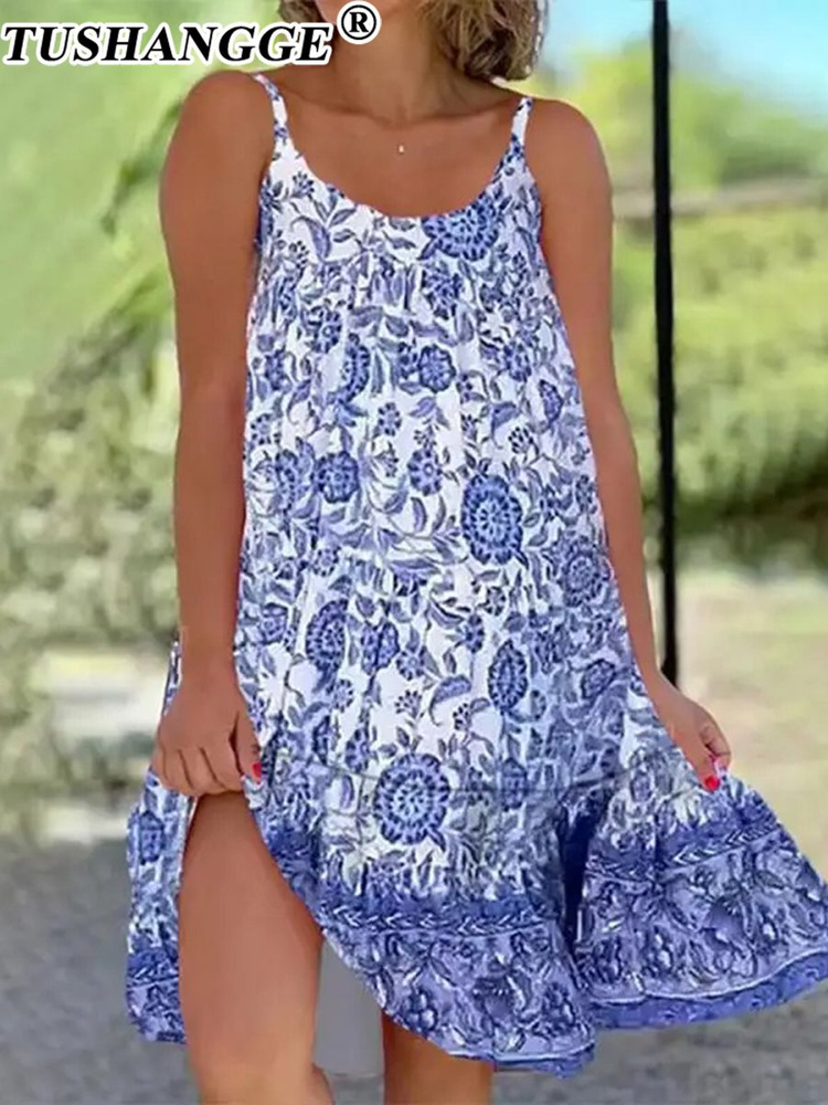 Сарафан Женский TUSHANGGE королевский синий платье-лапша Пляжный Без рукавов Политекс Погоны ...
