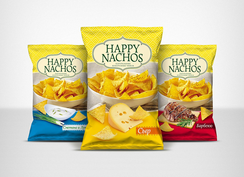Чипсы кукурузные "Happy Nachos" со вкусом Сыра, Сметаны и лука, Барбекю ...
