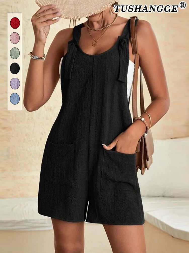 Комбинезон Женский TUSHANGGE, размер 50, 52, рост 157-181 черный Лето Карманы, Шнуровка Офисный ...
