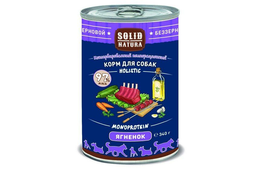 Solid Natura Holistic Monoprotein / Консервы Солид Натура Беззерновые для собак Ягнёнок, 340г х ...