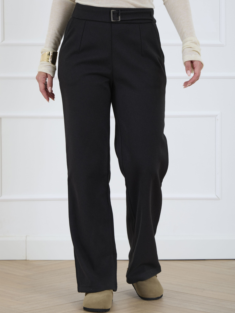 Брюки Женский SLN широкие, прямые черный нюд Шерсть, Хлопок Повседневный, размер 44 Резинка ...