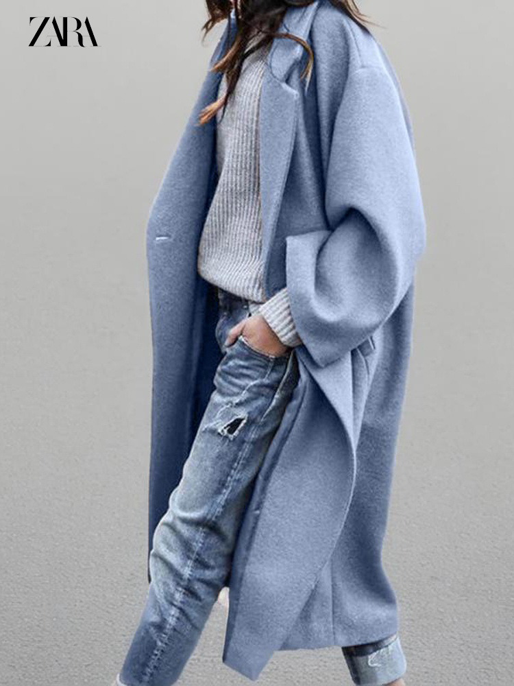 Пальто Женский Zara Воротник, Карманы синий лацканы Хлопок, Терилен Длинный, размер 48 ...