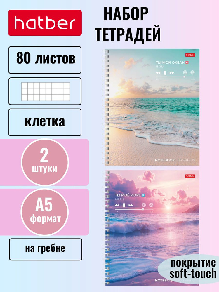 Тетрадь Hatber 2 штуки/2 дизайна 80 листов, формата А5, в клетку, на гребне, ламинация Soft ...