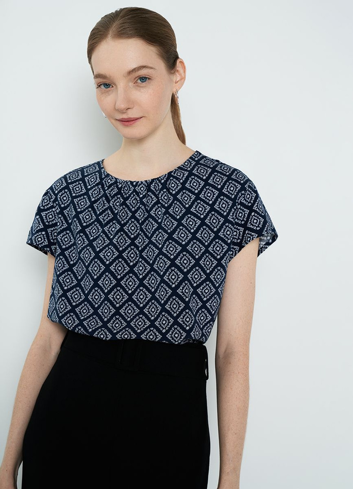 Блузка Женский FUNDAY синий Текстиль Короткий Другое, размер 52, 54 полуприлегающий Пуговицы ...