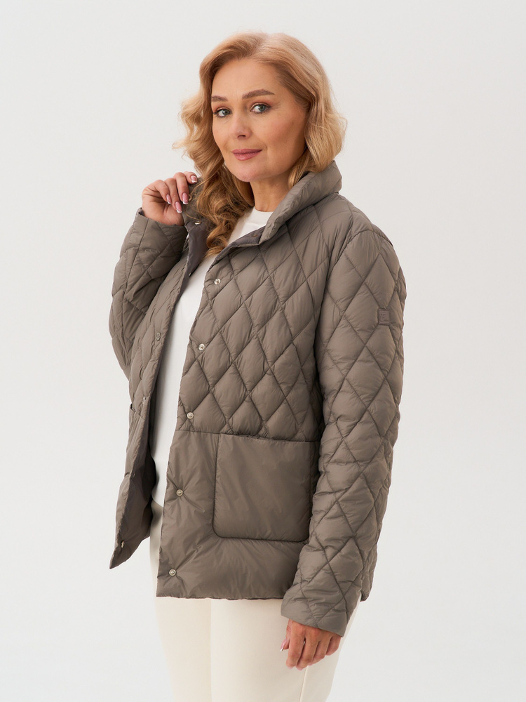 Куртка Женский Elfina Карманы серо-бежевый стойка Полиэстер, размер 50 Длинный Демисезон прямой ...