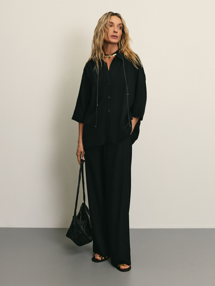 Брюки Женский Zarina прямые черный Вискоза, Лен Повседневный, размер 44 Без застежки прямой ...