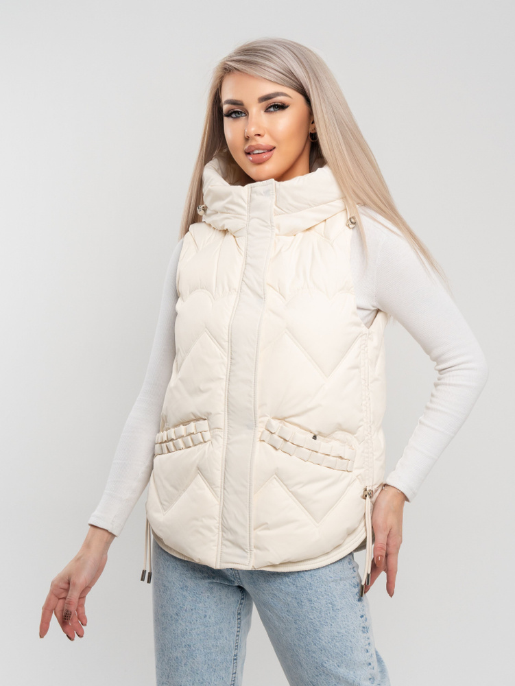 Жилет утепленный Женский KSV&HUV Капюшон, Молния молочный, размер 58, 60 Полиэстер Холлофайбер ...