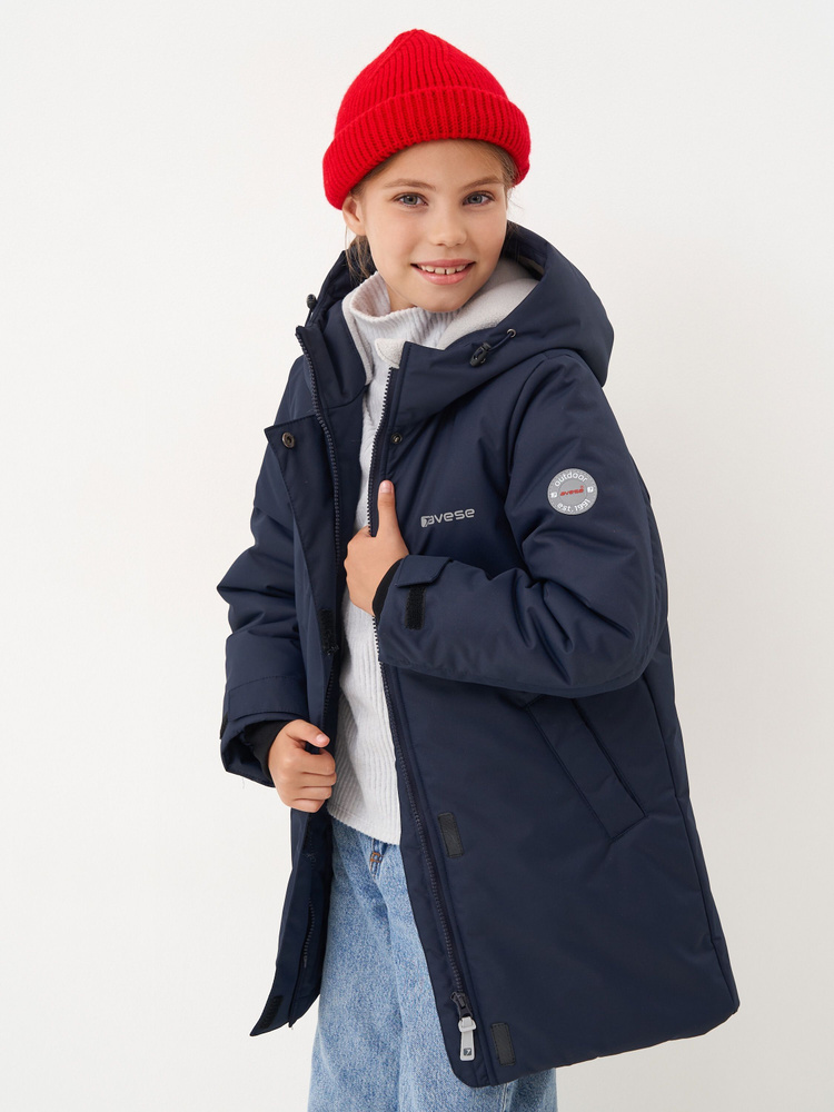 Куртка Девочки Avese синий капюшон Breathable, Waterproof, размер 134 Длинный Зима прямой ...