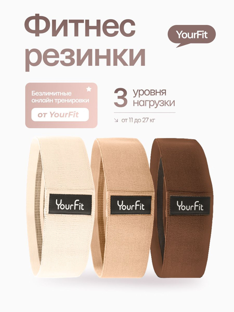 Комплект усиленные 3 шт PREMIUM качества: резинки для фитнеса тканевые с мешочком, YourFit ...