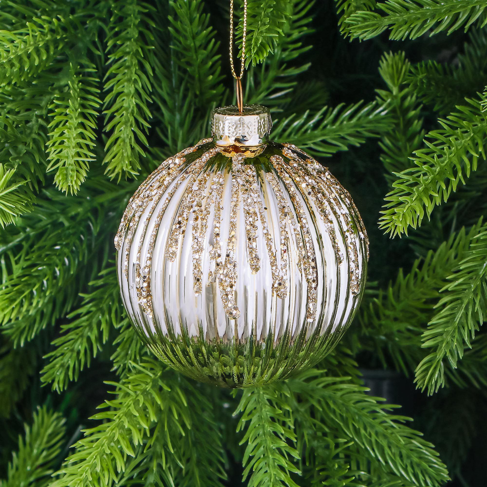 Шар новогодний на елку стеклянный Yancheng Shiny с узором из золотистых ...