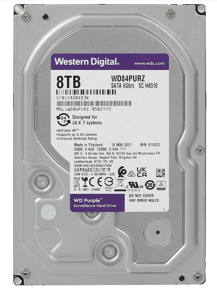 8 ТБ Жесткий диск WD Purple Surveillance (WD84PURZ) HDD 8 ТБ Внутренний ...