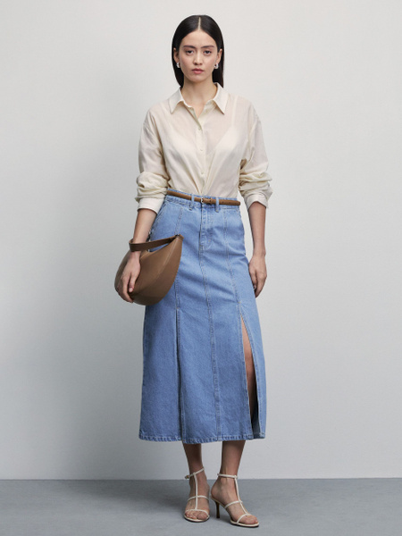 Юбка Женский Zarina голубой Деним, размер 42 Молния Макси Разрезы Однотонный Демисезон А-силуэт ...