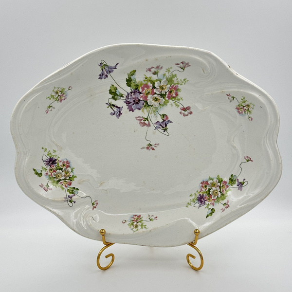 Блюдо винтажное сервировочное, украшенное цветочным декором, фаянс, деколь, Товарищество М.С ...