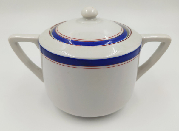 Сахарница винтажная с сине-красным кантом, фарфор, обводка, Барановский фарфоровый завод, СССР ...