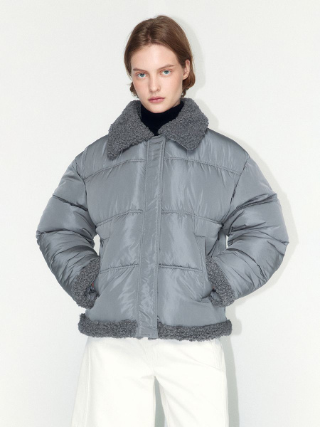 Куртка Женский Befree Мех темно-серый Плащевка, размер 46 Длинный Зима прямой Синтепух Китай ...