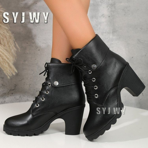 Ботинки Женский SYJWY черный матовый, размер 37 Демисезон R (средняя) Молния Каблук + платформа ...
