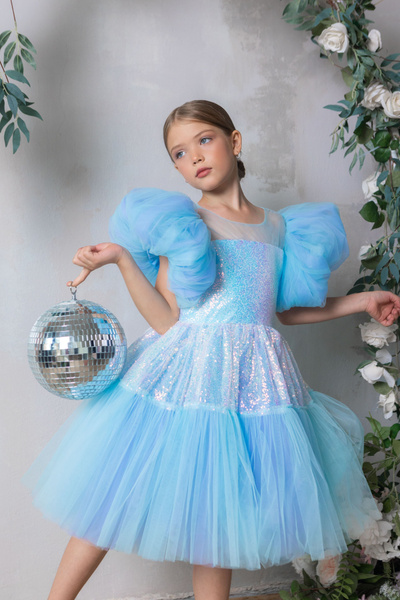 Платье Девочки LELU KIDS голубой, бело-синий ярусное платье Вечерний/праздничный Короткий ...