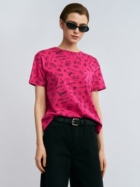 Футболка Женский Zolla фуксия Короткий, размер 52 Хлопок Повседневный Бангладеш, рост 164-176 ...