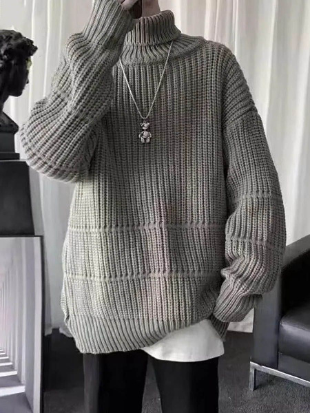 Свитер Мужской SYJWY серый Трикотаж, размер 48 Без застежки Разрезы свободный Длинный Портрет ...