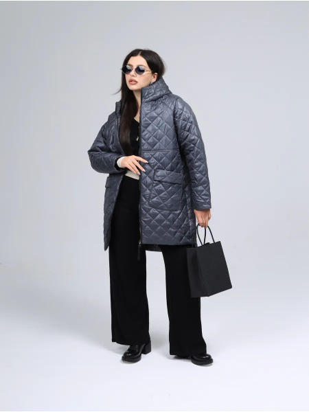 Куртка Женский Jyldyz Карманы серый капюшон Плащевка, размер 54 Длинный Демисезон свободный ...