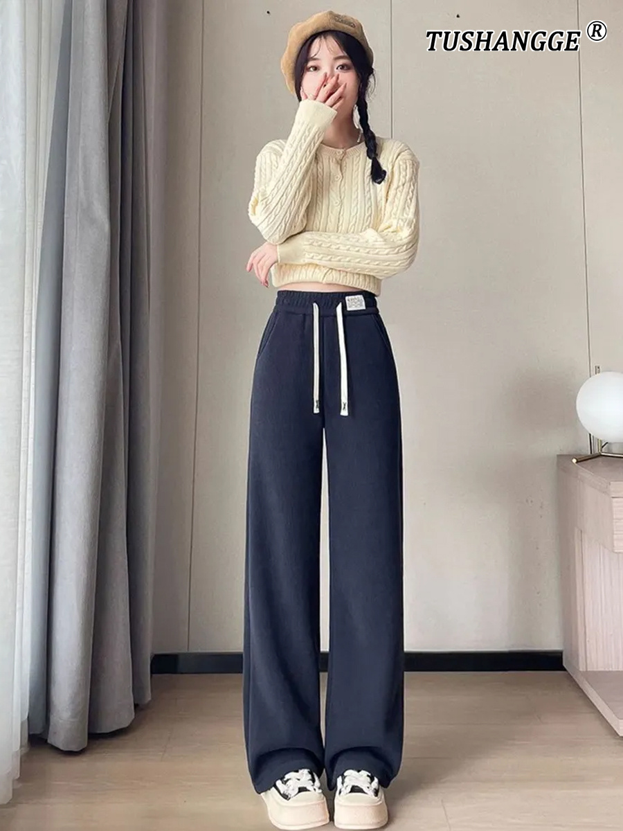 Брюки утепленные Женский TUSHANGGE широкие серый Политекс, Лана Повседневный, размер 54 Шнуровка ...